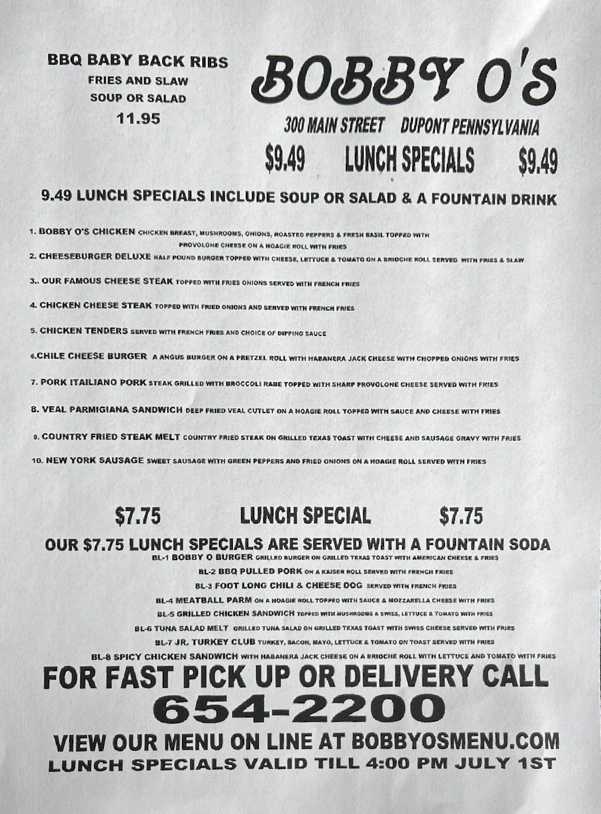 Specials « Bobby O's Family Restaurant